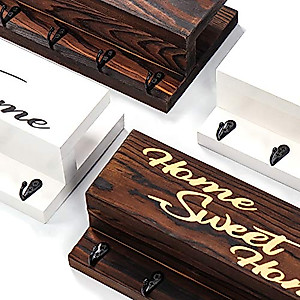 Wooden Key and Mail Holder for Wall Decorative, Rustic Wall Mounted Entryway Organizer with 5 Hooks - Perfect Home Hanging Decor for Office, 100% Pine Wood, 11.8" x 5.9" (White, HomeSweetHome)