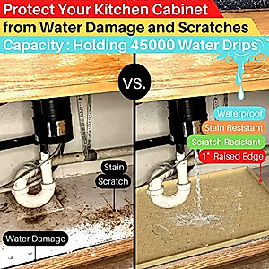 maryha Under Sink Mat for Kitchen Cabinet - Waterproof Silicone Proctor Tray for Leaks, Drips, Spills - Flexible Shelf Liner with Raised Edge and Drain Hole for Kitchen, Bathroom - 34" x 22" Beige
