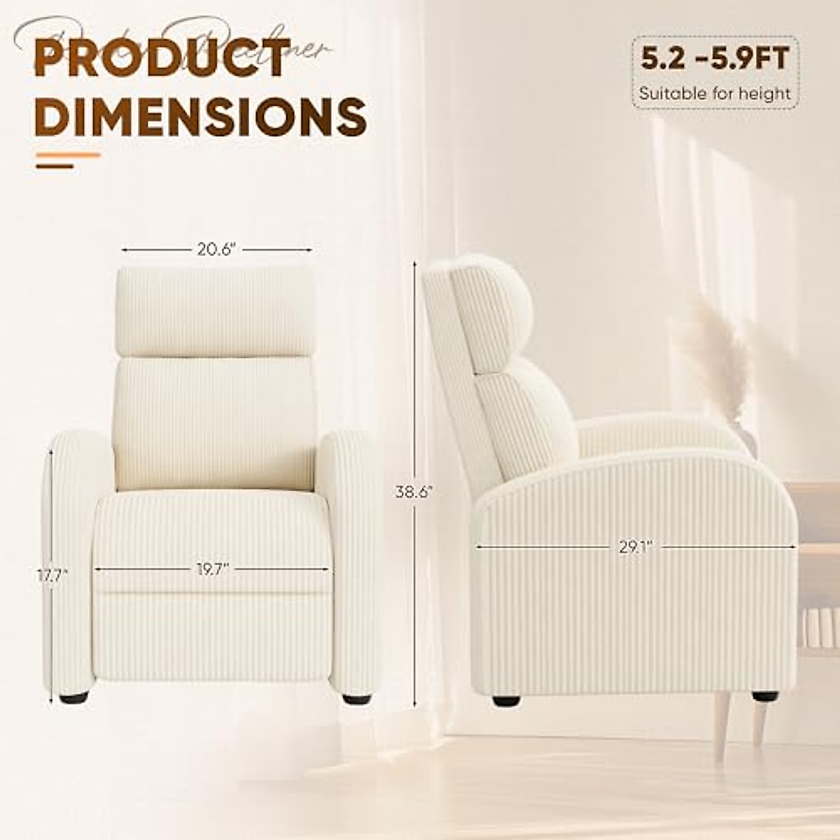 YESHOMY Recliner Chair for Adults, Adjustable Modern Single Sofa with Padded Seat Backrest for Living Room, with Lumbar Support, Beige