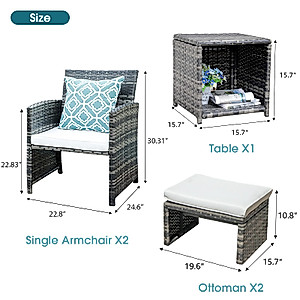 OC Orange-Casual 5 Piece Patio Furniture Set, Wicker Outdoor Conversation Chair and Ottoman Set with Coffee Table, Pillows Included, for Balcony, Porch, Deck, White