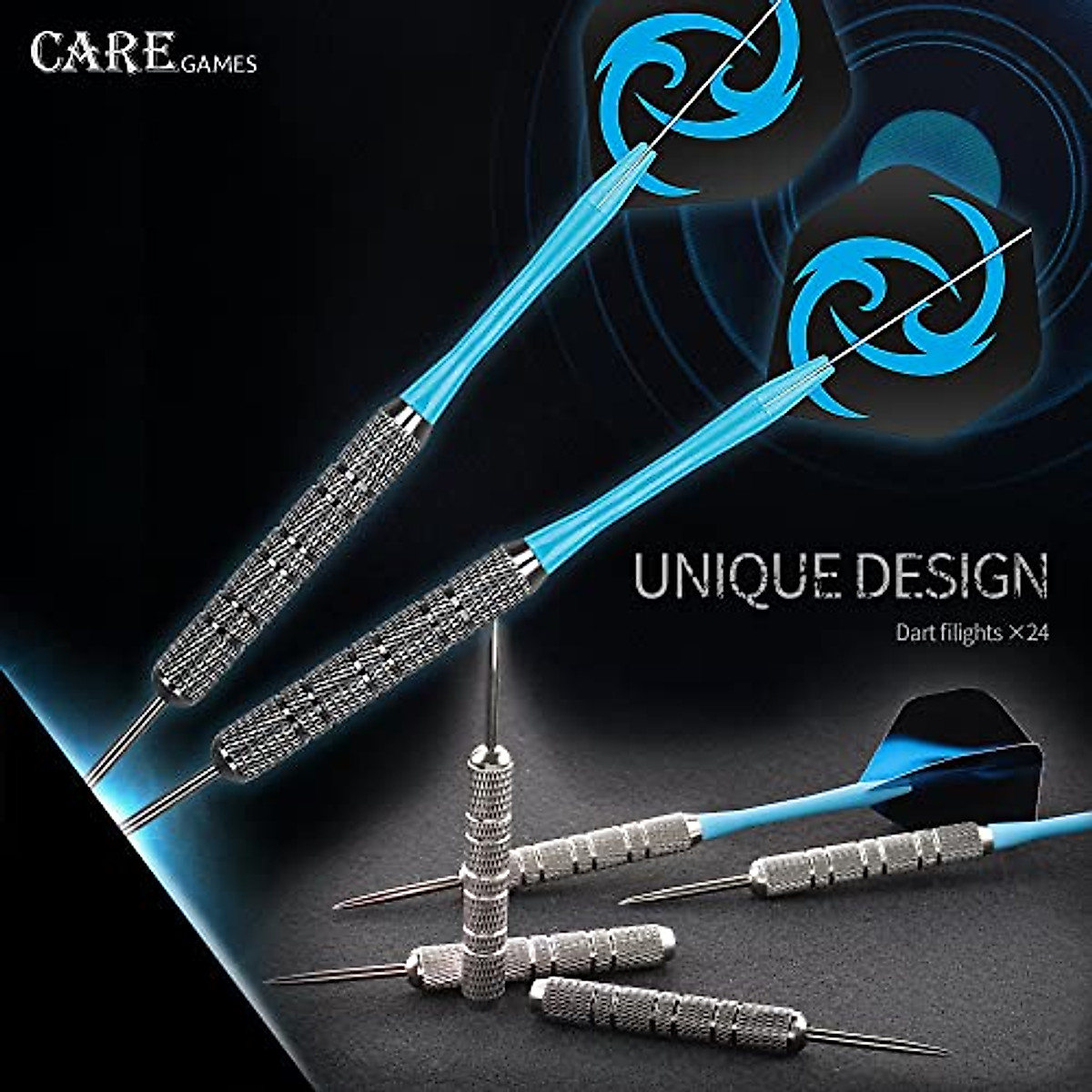 CareGames Steel Darts Set 12 Packs with 4 Colors Plastic Shafts,Extra Flights,Sharpener and Flight Protectors