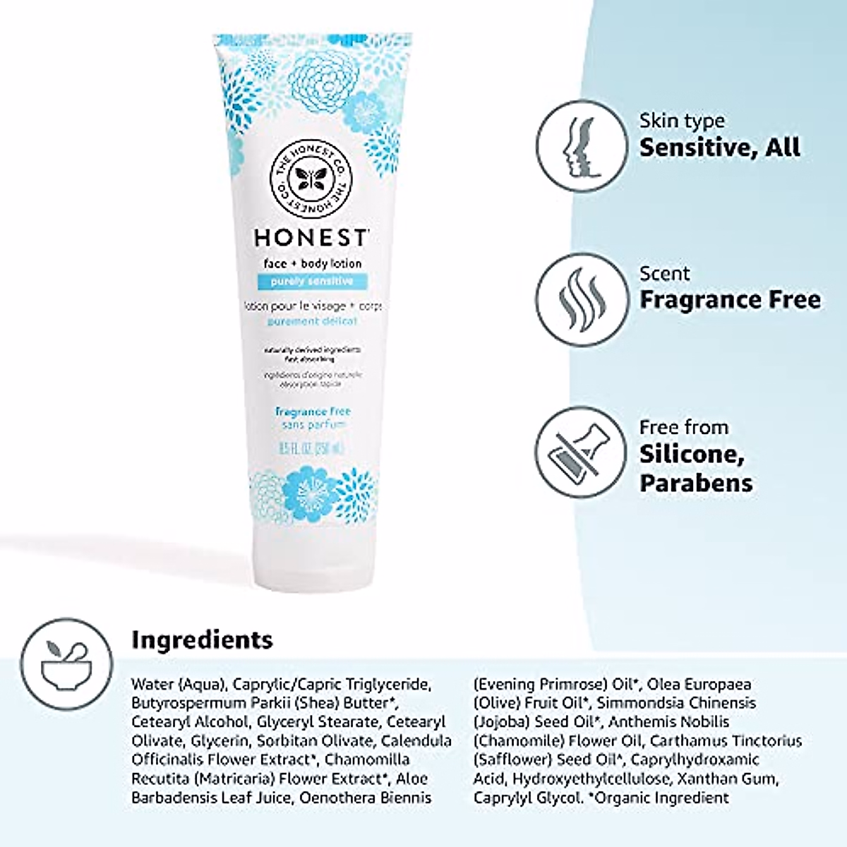 The Honest Company Hydrating Face + Body Lotion | Fast Absorbing, Naturally Derived, Hypoallergenic | Fragrance Free Sensitive, 8.5 fl oz