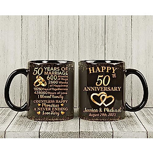 50 Years of Marriage Gift Personalized Coffee Mug Happy 50th Anniversary Travel Cups Wedding Celebration for Couple Husband Wife Mom Dad Birthday Valentines Floral Ceramic Drinking Tea Cup 15oz 11oz