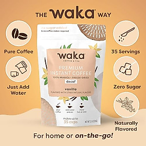 Waka Instant Coffee, Decaffeinated Vanilla Flavored - 100% Arabica Beans, Freeze Dried Granules, No Sugar or Additives - Bulk Bag for Quick Hot and Iced Coffees, Up to 35 Cups (3.5oz)