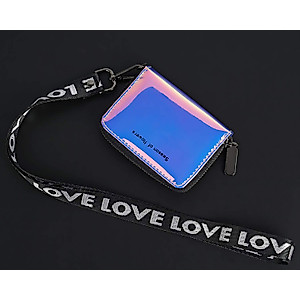 Women Small Neck Wallet Mini Credit Card Holder With Detachable Neck Lanyard Zipper Card Case Holographic Mini Coin Purse Travel Lanyard Wallet
