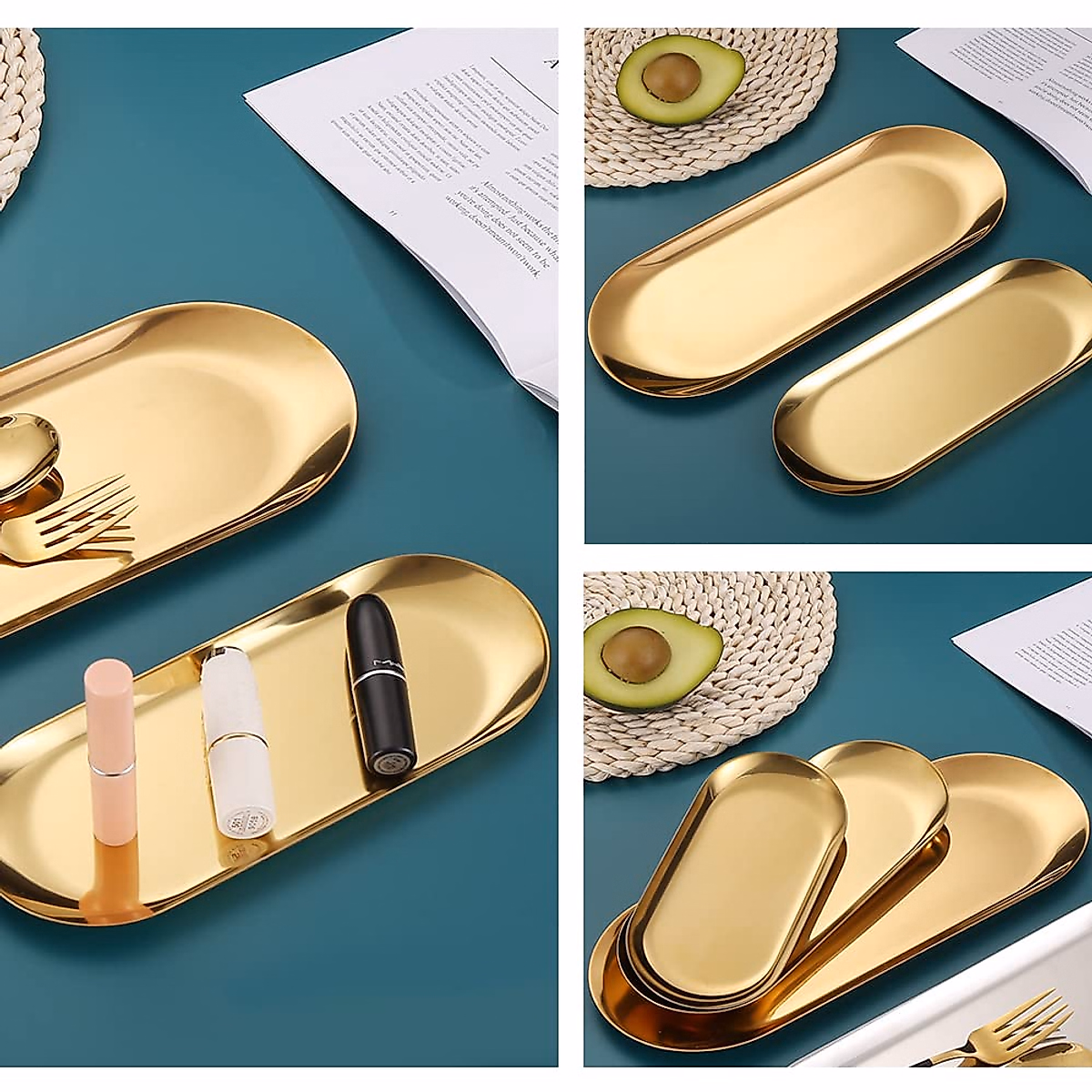 JKanruh 3 Pack 3 Sizes Gold Stainless Steel Towel Tray,Storage Tray,Tea Tray Fruit Trays,Decorative Tray,Jewelry Dish Cosmetics Organizer(Oval,Heart-Shaped)