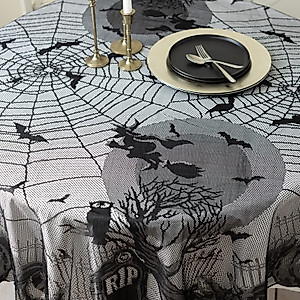 Benson Mills Spooky Spirits Web Lace Fabric Halloween Tablecloth, Halloween Table Cloth (Black, 70" Round)