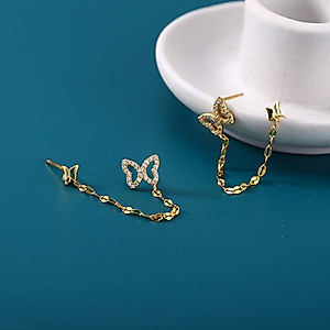 Double Butterfly Chain Cuff Wrap CZ 925 Sterling Silver Stud Crawler Climber Earrings for Women Cartilage Threader Tassel Dangle Hypoallergenic Cute Animal Gifts for Bff Birthday (Gold)