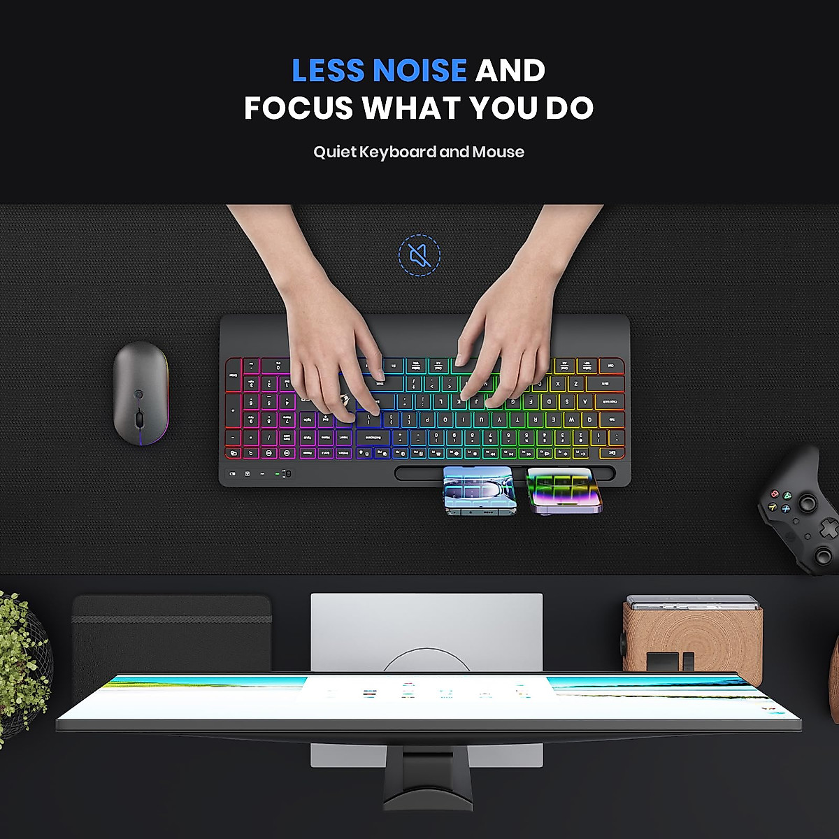 GEODMAER Wireless Keyboard and Mouse Combo with Phone Holder, Wrist Rest, Silent Rechargeable Backlit Full Size Ergonomic Keyboard and Mouse Wireless, Light Up Keyboard and Mouse for PC Mac