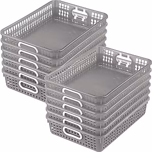 Really Good Stuff 12PK Plastic Desktop Paper Storage Basket for Classroom or Home–14”x10” Plastic Mesh Basket-Secure Papers Crease-Free–Pebble