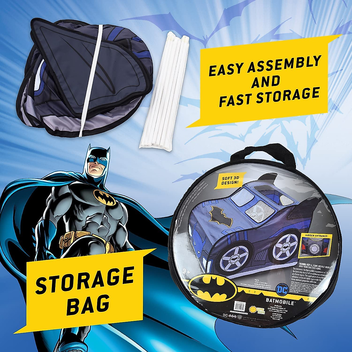 Batman Batmobile Pop Up Tent – Large Indoor Playhouse for Kids | Folds for Easy Storage with Carrying Bag Included | Amazon Exclusive – Sunny Days Entertainment