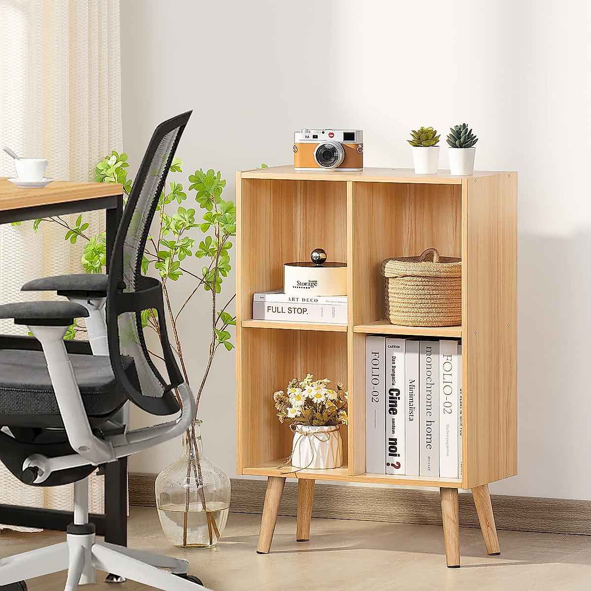 LEYAOYAO 4 Cube Bookshelf, 2-Tier Bookcase with Legs, Natural Kids Book Shelf Cute Storage Organizer, Free Standing Open Toy Shelves Modern Bookshelves,Wood Display Bookcases for Bedroom,Living Room