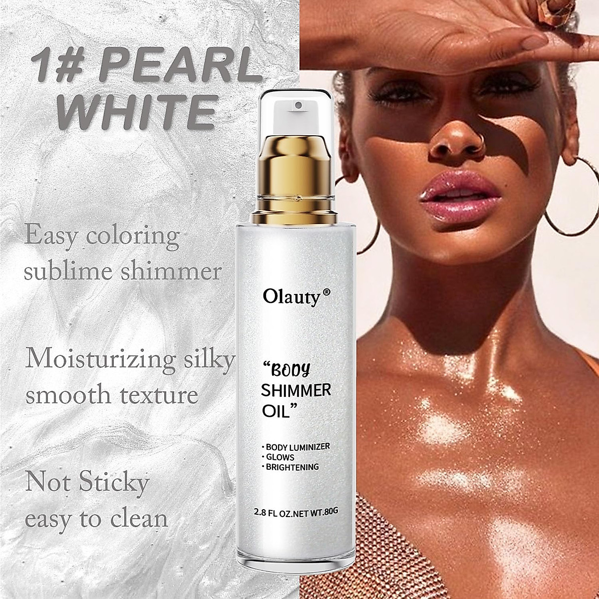 Shimmer Body Oil, Highlighter Makeup Smooth Glitter Glow Liquid Foundation for Face & Body,Liquid Illuminator Body Shimmer Lotion for Women (1# Pearl White)
