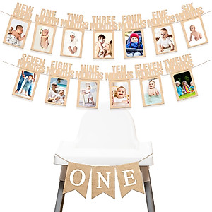 One High Chair First Birthday Burlap Banner One Banner and 1st Birthday Photo Banner for Boy Girl Newborn 12 Month One Year Old Birthday Decorations Monthly Milestones Garland Photo Prop Supplies