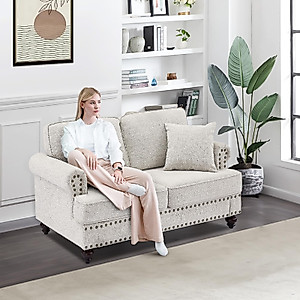 JEEOHEY 57" W Comfy Love Seat Sofa Couch,Chenille Fabric 2 Seater Sofa,Mid Century Modern Sofa,Deep Seat Sofa with Rolled Arms & Nailhead Trim for Living Room,Office,Apartment,Small Place(White)