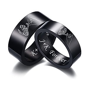 MZZJ Skeleton Hands Pinky Promise Couple Rings 8MM&6MM High Polish Minimalist Classical Stainless Steel Initial Flat Wedding Band Ring Set,Anniversary Birthday Gift for Boyfriend Girlfriend,Black