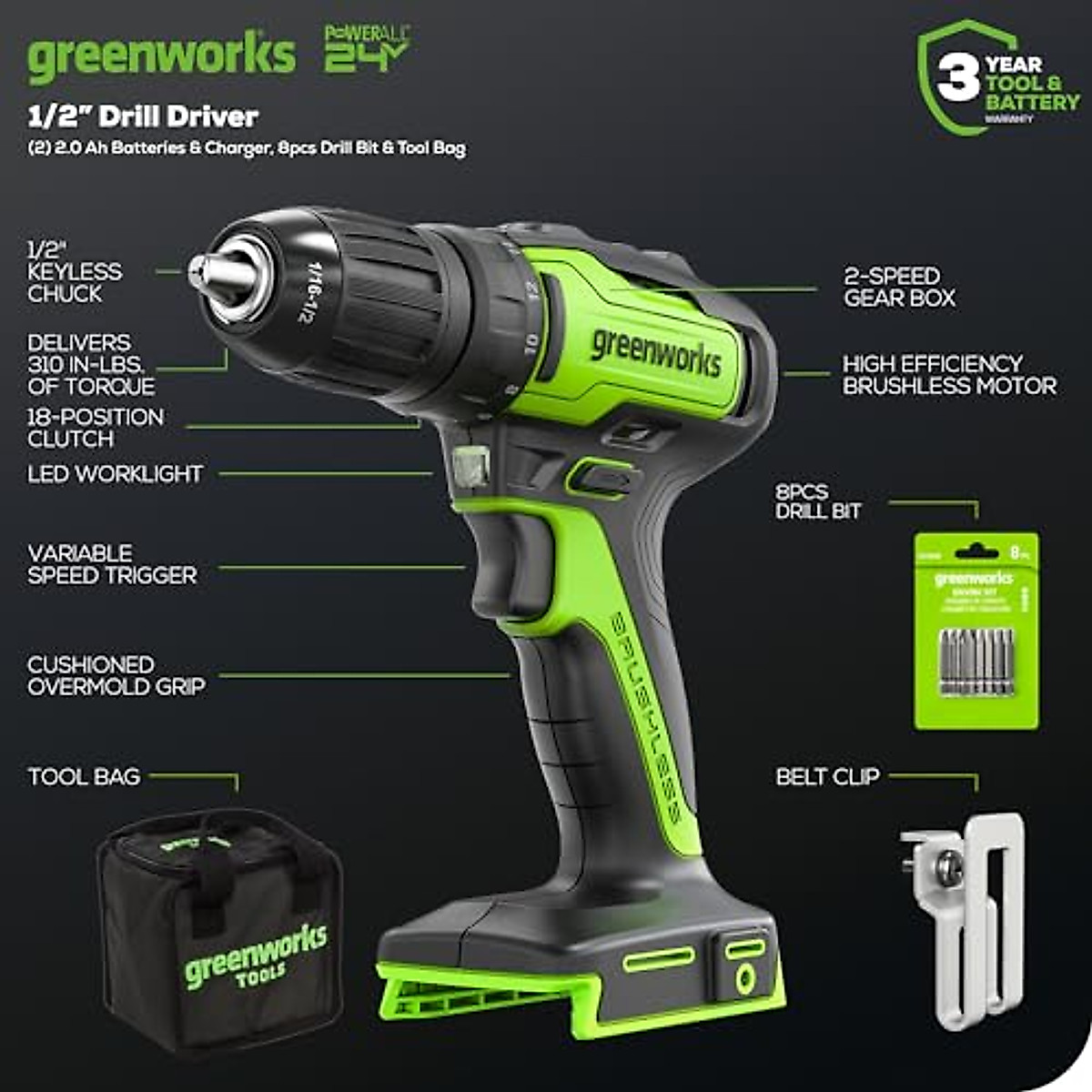 Greenworks 24V Brushless Cordless Drill Kit, 310 in./lbs, 18+1 Position Clutch, 1/2 '' Keyless Chuck, Variable Speed, (2)2Ah Batteries with 2A Charger, LED Light, 8pcs Drill Bits with Tool Bag