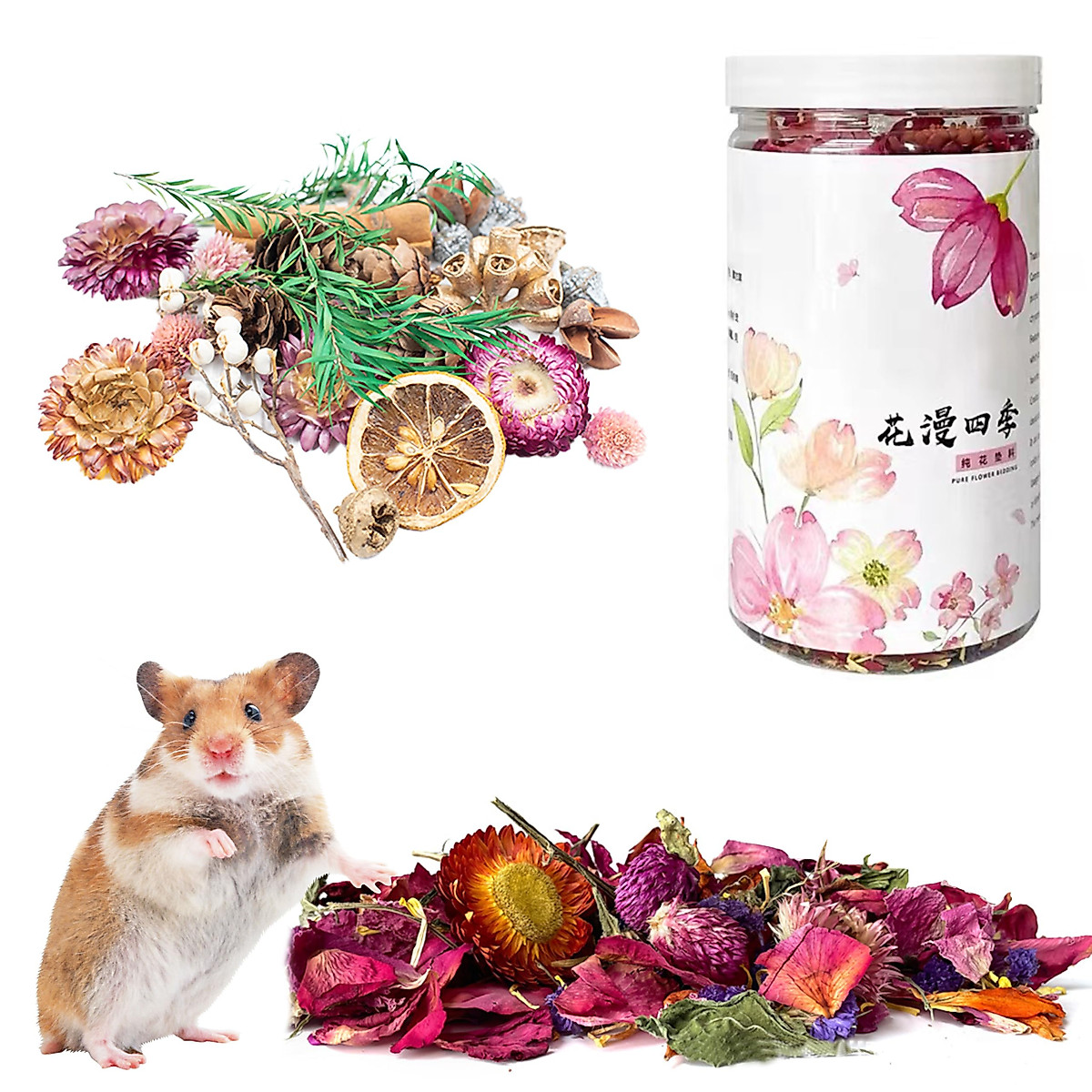5.5 Oz Natural Flower & Herb Hamster Bedding, Small Animal Soft Flower and Dried Fruit for Hamster Cages and Habitat Decor, Flower Bedding Odor Control for Hamster Chinchilla and Other Small Pet