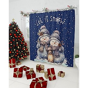 Navy Blue Snowman Christmas Shower Curtain, Xmas Pine Cones Botanical Stall Shower Curtains for Bathroom/Bathtub, Winter Snowflake Waterproof Fabric Shower Curtain Set with 12 Hooks, Standard 72"x72"