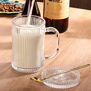 Swetwiny Clear Glass Coffee Mugs, 13oz Classic Vertical Stripes Tea Mug, Ribbed Mugs with Lid and Spoon for Espresso, Latte, Gift for Anniversary Christmas Birthday (Clear, Glass)