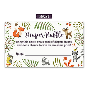 Woodland Diaper Raffle Tickets with Owl and Forest Animals. Pack of 50 Fill In The Blank Unisex Design Suitable for Boy or Girl.