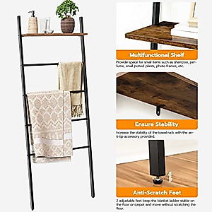HOOBRO Towel Rack, 5-Tier Blanket Ladder, Wall Leaning Ladder Shelf, Blanket Rack with Shelf, 25.2" Wide Decorative Ladder for Bathroom, Rustic Brown BF73CJ01G1