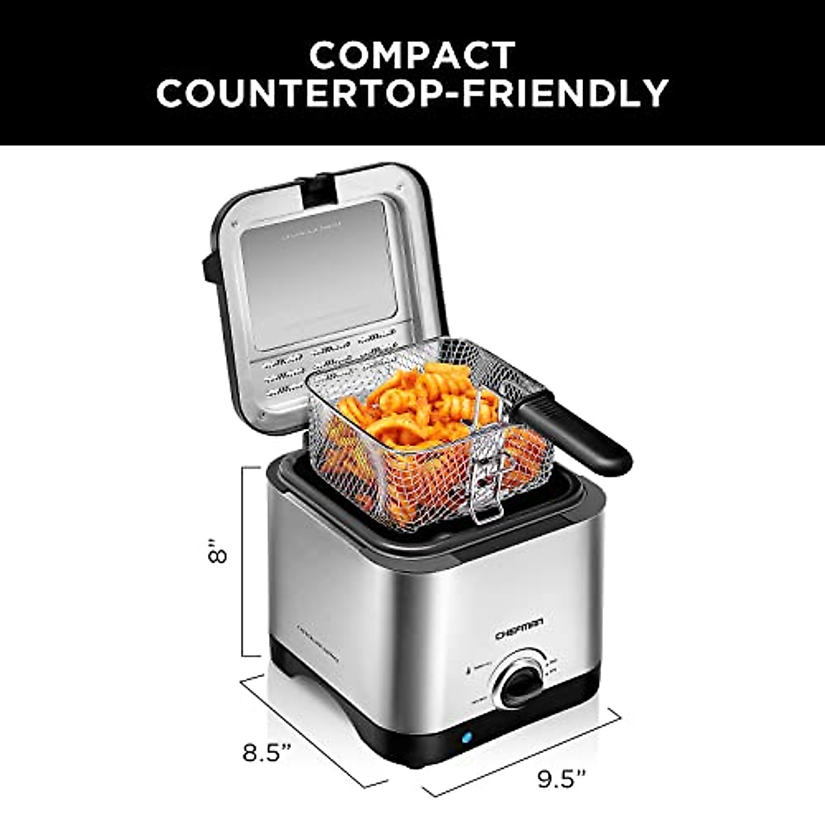 Chefman Fry Guy, The Most Compact & Convenient To Deep Fry Comfort Food, Restaurant-Style Basket With A 1.6-Quart Capacity, Easy-View Window & Adjustable Temp Control So You Can Cook To Perfection