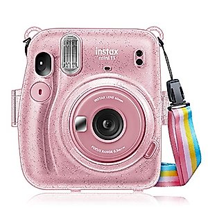 Fintie Protective Clear Case for Fujifilm Instax Mini 11 Instant Film Camera - Crystal Hard Shell Cover with Removable Rainbow Shoulder Strap, Glittering Pink