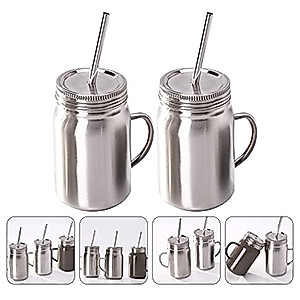 EXCEART Mason Jar Cups 2 Pcs 700ml Stainless Steel Insulated Mason Jar Tumblers Mug with Lids Straws Double Walled Drinking Travel Mugs Smoothie Cup for Water Coffee Juice Silver Mason Jar Beer Mugs