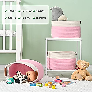 ECDYQXVU 1 Pack Cotton Rope Storage Baskets,15x10x9in,Collapsible Storage Bins, Decorative Woven Basket Cube Storage Organizer for Laundry, Towel, Clothes, Cosmetics, Books(White/Pink)