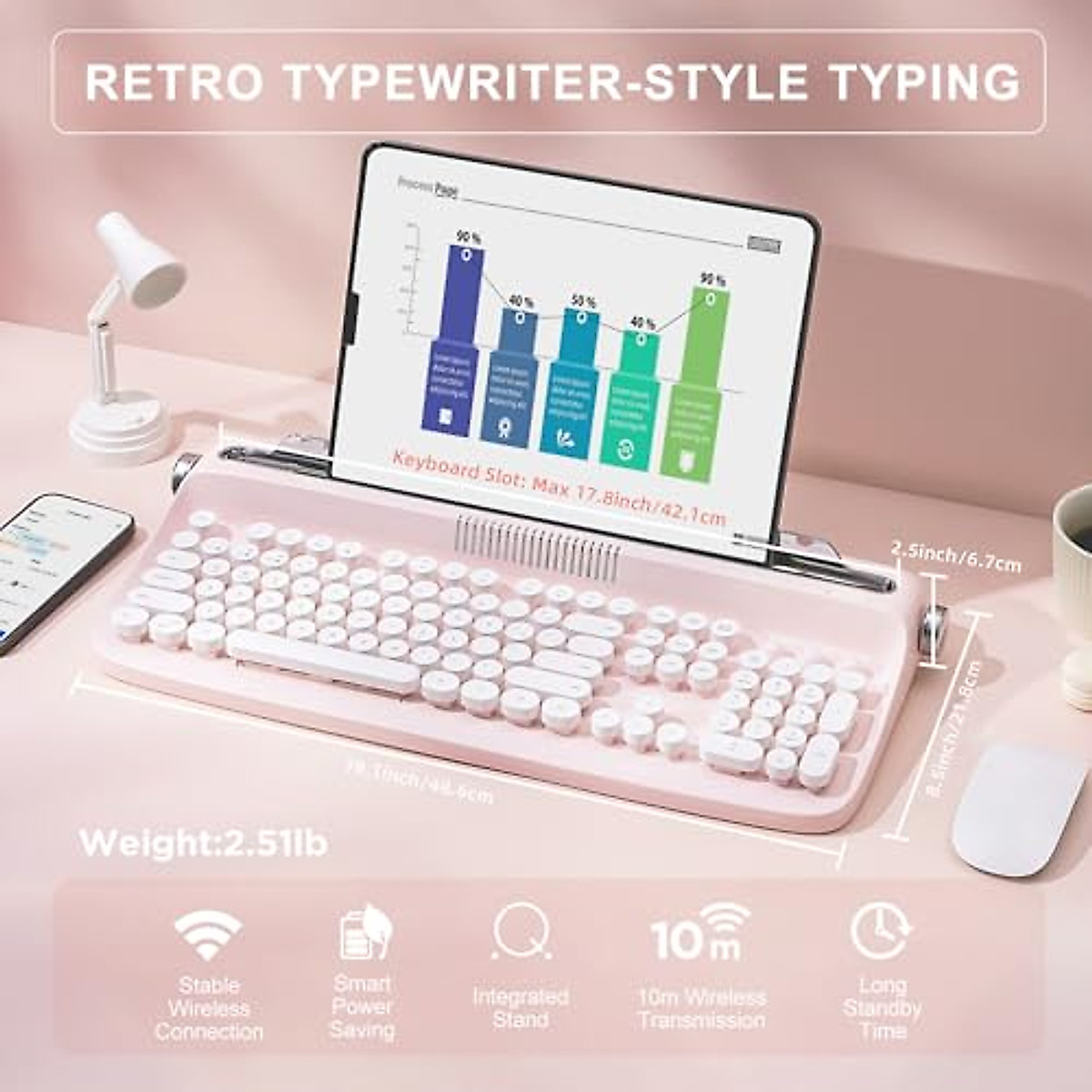 YUNZII ACTTO B503 Wireless Typewriter Keyboard, Bluetooth Connection, Cute Retro Aesthetic Design with Integrated Stand for Tablet, Phone, PC and Win/Mac/Android (B503, Baby Pink)