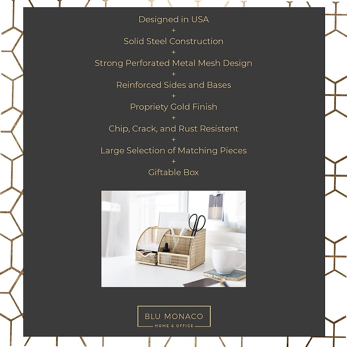 BLU MONACO Designer Metal Gold Desktop Organizer - Desk Organization for Office Accessories - Supplies, Pencils, and Pen Holder for Desk - Cute Gold Desk Accessories - Small Office Desk Organizers