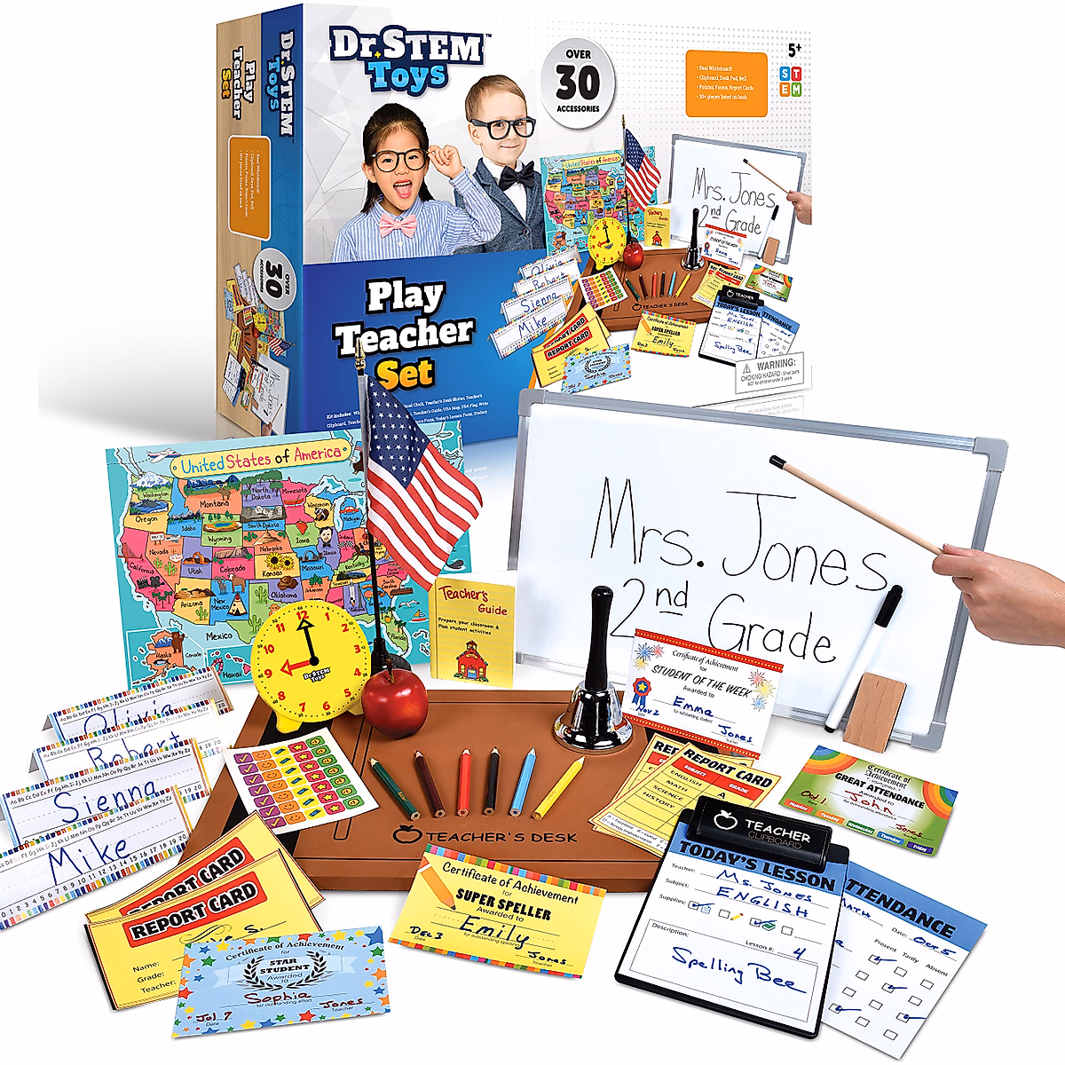 Dr. STEM Toys | Play Teacher Role-Play Set Includes Reusable White Board, Bell, Report Cards, for Home or Classroom, Over 30 Pieces Included, Gift for Kids, Complete Set