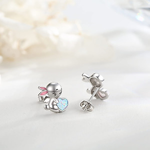 Bunny Earrings for Women Sister Daughter 925 Sterling Silver Cute Rabbit Stud Earrings with Love Opal Hypoallergenic Easter Birthday Christmas Holiday Jewelry Gifts for Sensitive Ears