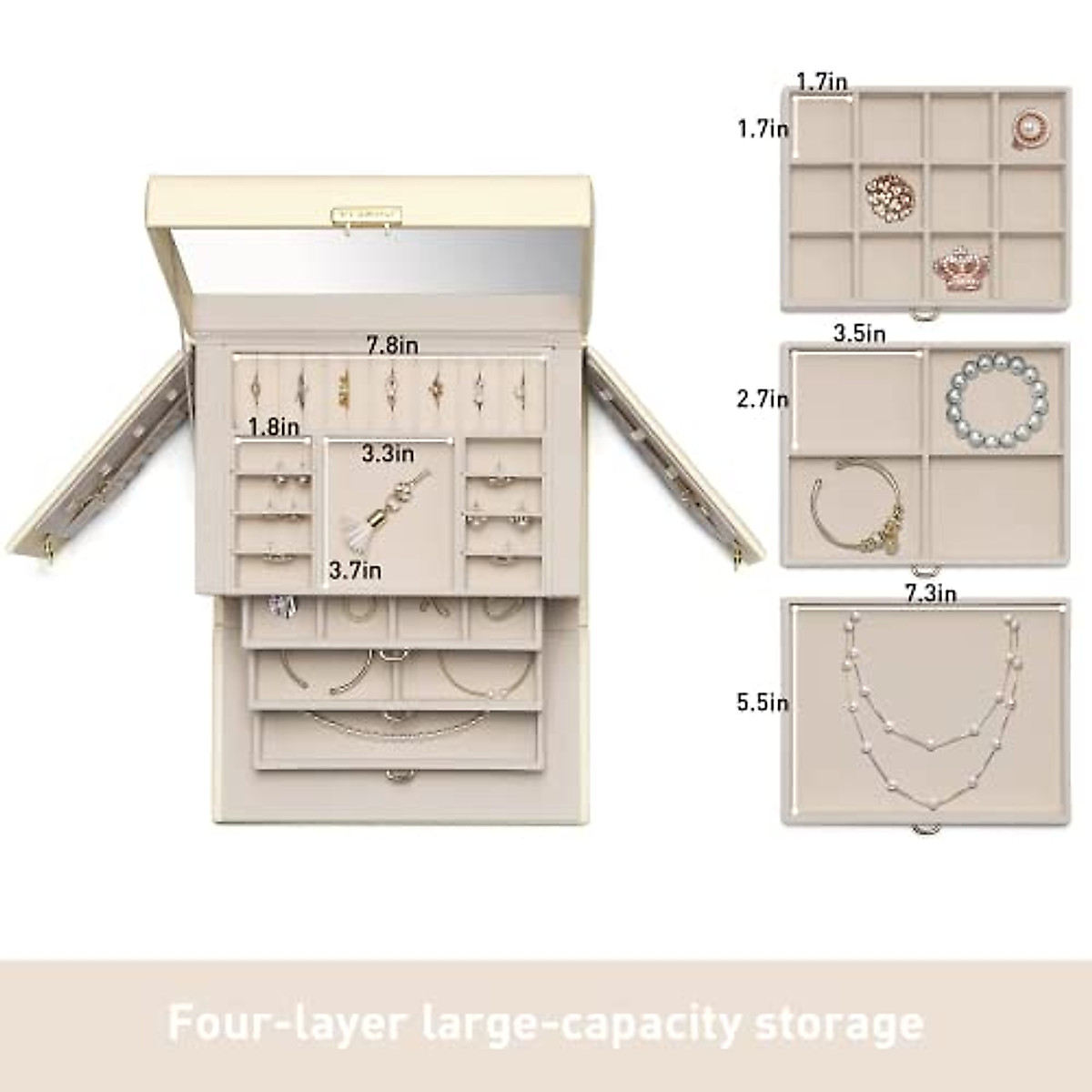 Vlando Velvet Jewelry Organizer Box for Women, Large Leather Jewelry Storage Box with Locked, Mirrored, 3 Drawer for Watch Necklace Ring Earring Storage, Gift for Girl Women and Mom - Apricot White
