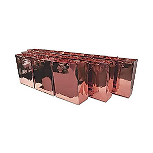 Rose Gold Gift Bags - 12 Pack Medium Rose Gold Foil Gift Bags with Handles, Designer Paper Gift Wrap Bags for Birthdays, Party Favors, Baby Shower, Bachelorette, Weddings, Holiday Gifts, Bulk – 7.5x3.5x9