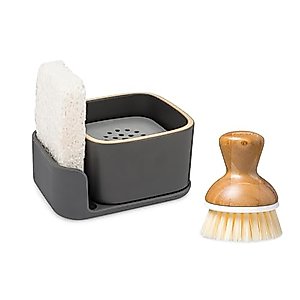 Full Circle Bubble Up Combo - Elegant Gray Ceramic Soap Dish with Eco Sponge & Bamboo-Handled Dish Brush - Versatile Natural Kitchen Cleaning Set Tool for Pots, Pans, Counter & Sink, Gray