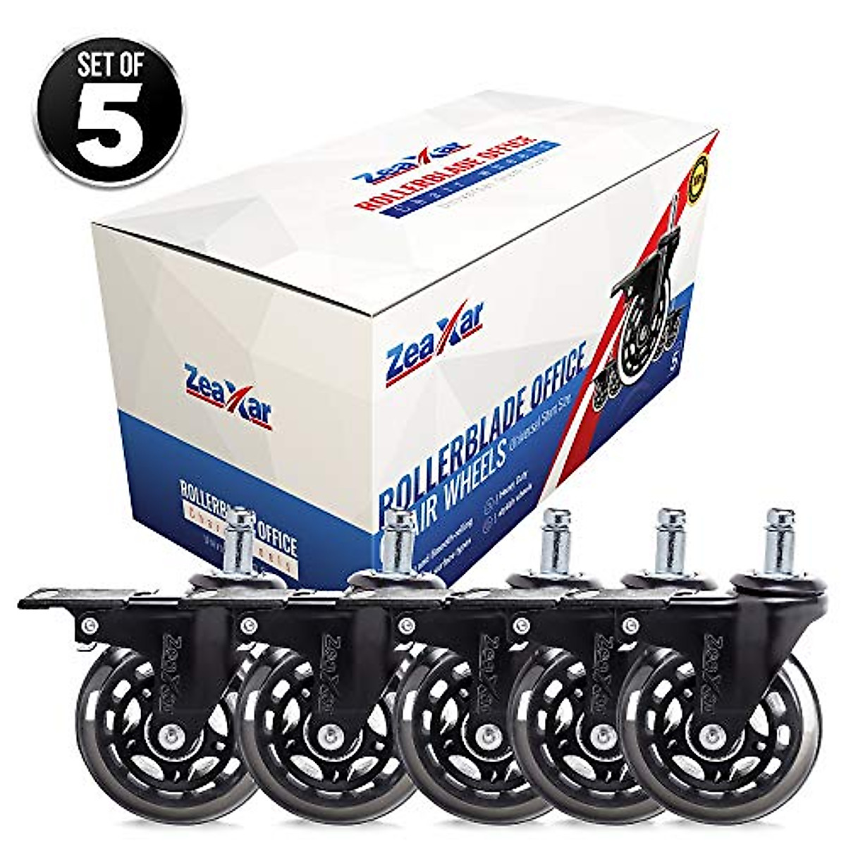 DOES NOT FIT IKEA CHAIRS - Caster Wheels with Brakes - 5 Pieces 3" Locking Office Chair Wheels - Quiet Rollerblade Style PU Rubber Heavy Duty Wheels - Work on Hardwood & Tile Floors & LOW PILE CARPET