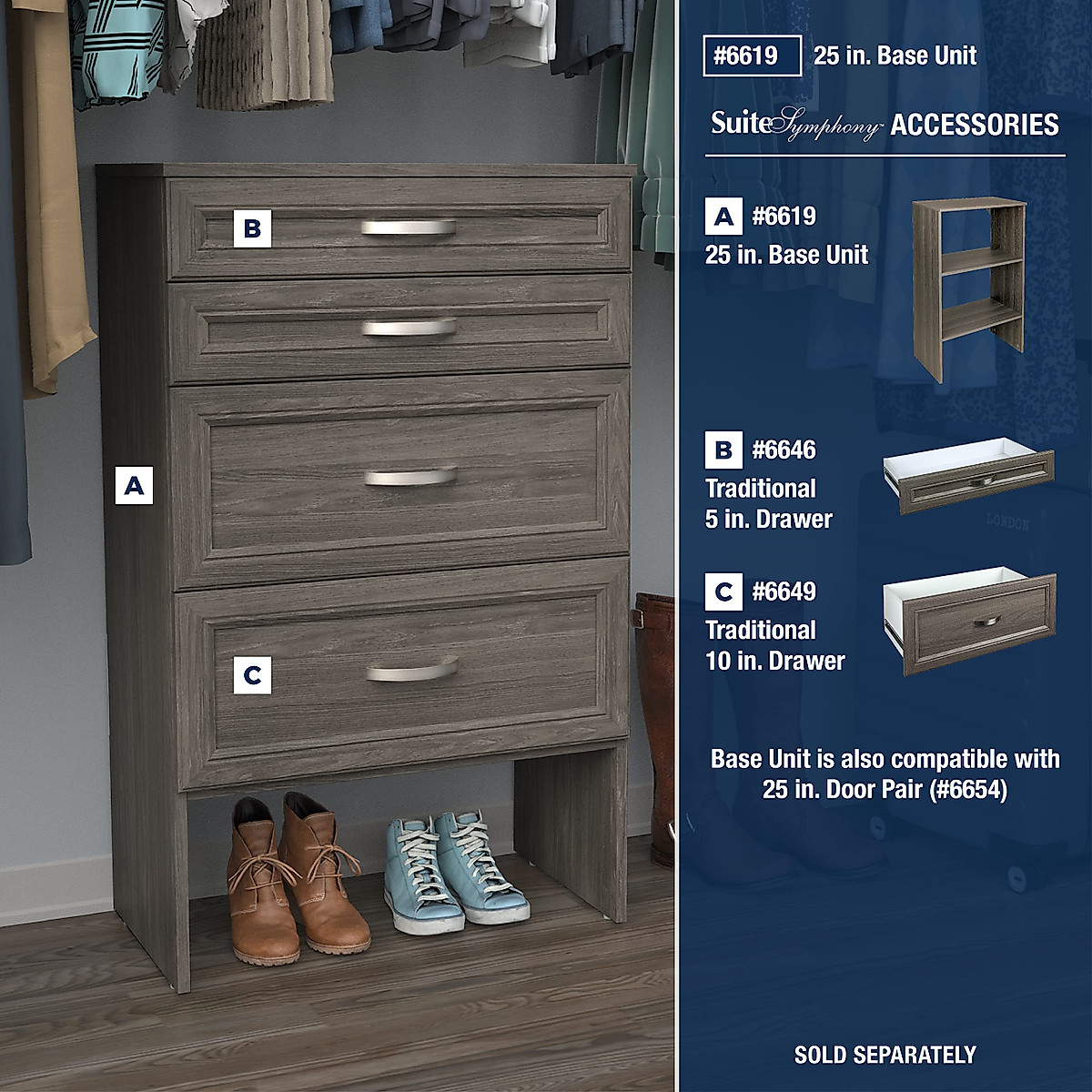 ClosetMaid SuiteSymphony Wood Closet Drawer, Add On Accessory, Shaker Style, for Storage, Closet, Clothes, 25” x 10” Size for 25 in. Units, Graphite Grey/Satin Nickel