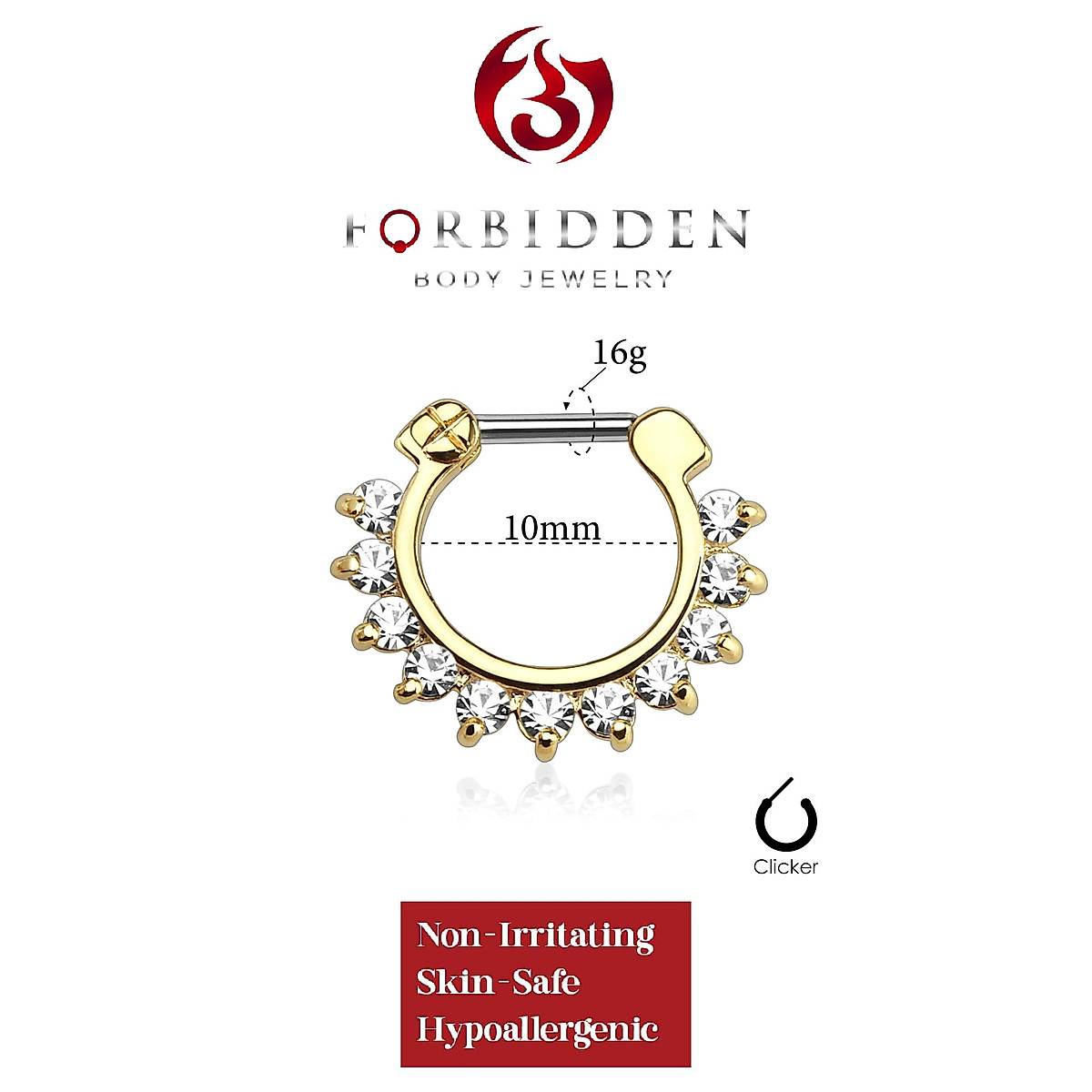 Forbidden Body Jewelry 16g 8mm Surgical Steel Septum and Cartilage/Daith CZ Lined Hoop Clicker Ring (Gold Tone)
