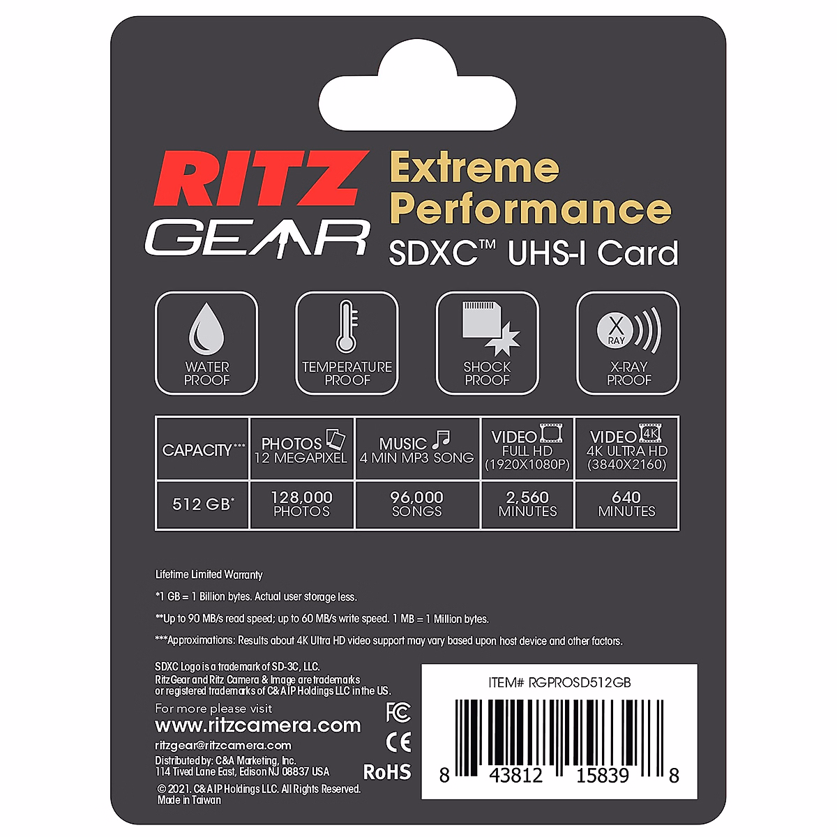 Ritz Gear 512GB High-Speed SDXC UHS-I SD Card, C10, U3, V30, Full-HD & 4K Memory Card