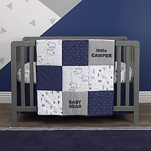 Explore Baby Bear 4 Piece Navy, Grey, Light Blue, Orange Nursery Crib Bedding Set - Comforter, 100% Cotton Crib Sheet, Dust Ruffle, Changing Pad Cover