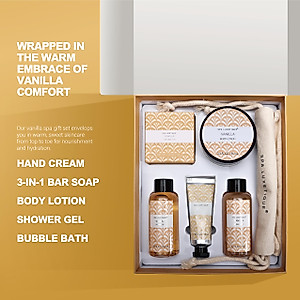Spa Luxetique Spa Gifts for Women 6pc Vanilla Bath Sets Women Gift With Body Lotion, Shower Gel, Bubble Bath, Hand Cream, Bath and Body Gifts Set, Valentines Day Gifts for Her, Bath Gifts for Women
