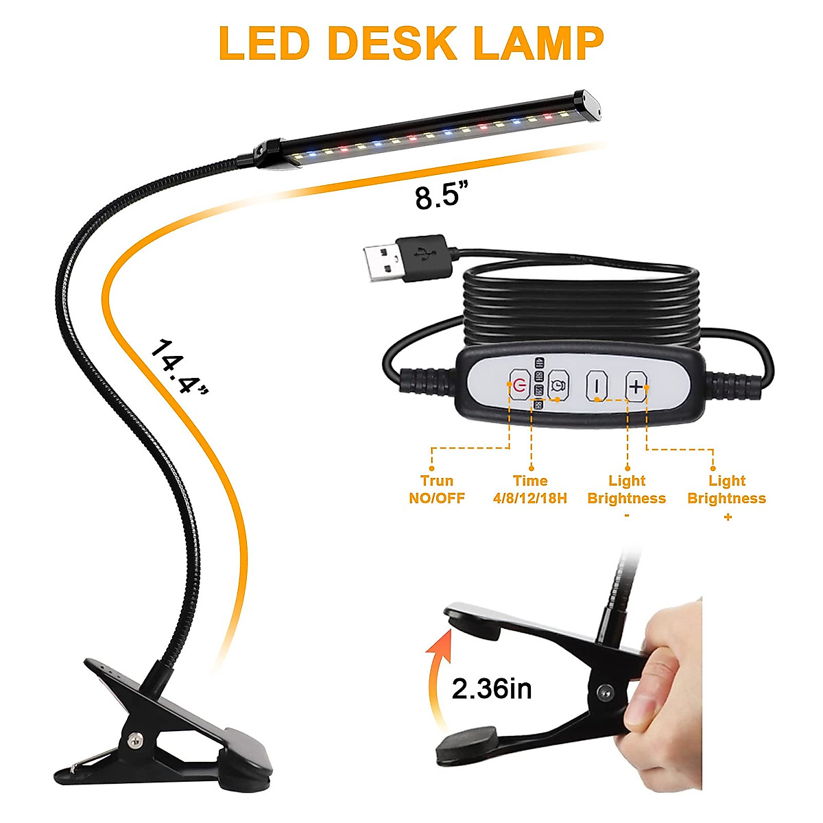 Desk Lamp for Office Home, Eye-Caring USB Clip on Light 3 Modes 5 Brightness, Adjustable 5W LED Desk Light Flexible Gooseneck Clamp Light for Workbench Headboard Study Reading Drafting(Metal)