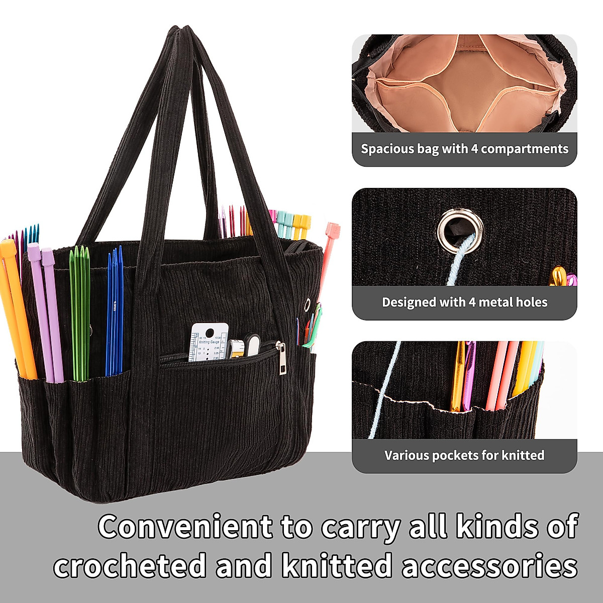 KGMCARE Crochet Bag, Tote Storage for Crocheting Knitting, Corduroy Yarn Storage Bag for Crochet Hooks, Crochet Supplies and Accessories, Crochet Projects (Black)