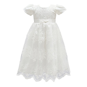 Glamulice Baby Girls Flower Christening Baptism Dress Formal Party Special Occasion Dresses for Toddler Light Ivory White 3-6 Newborn Birthday Holiday Wedding Pageant Gowns Lace Shoes & Hat Event 3M