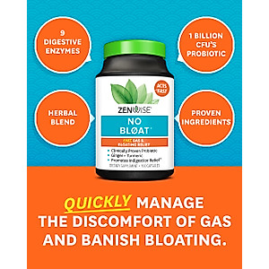 Zenwise Health NO BLØAT - Probiotics for Digestive Health with Ginger, Dandelion, and Cinnamon, Digestive Enzymes for Gas and Bloating Relief for Women and Men - Water Retention Pills - 100 Count