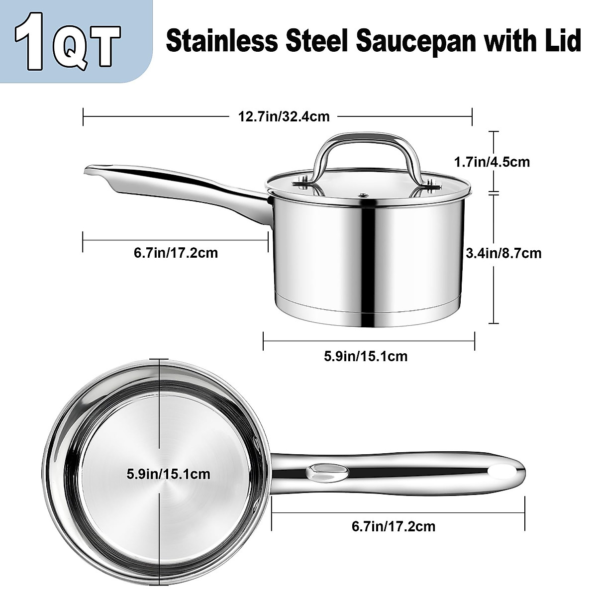 Homikit 1QT Saucepan with Lid, 1 Quart Stainless Steel Sauce Pan, Small Saucepan with Tri-ply Composite Bottom, Induction Cooking Pot for Making Pasta, Boiling Soup, Warming Milk, Dishwasher Safe