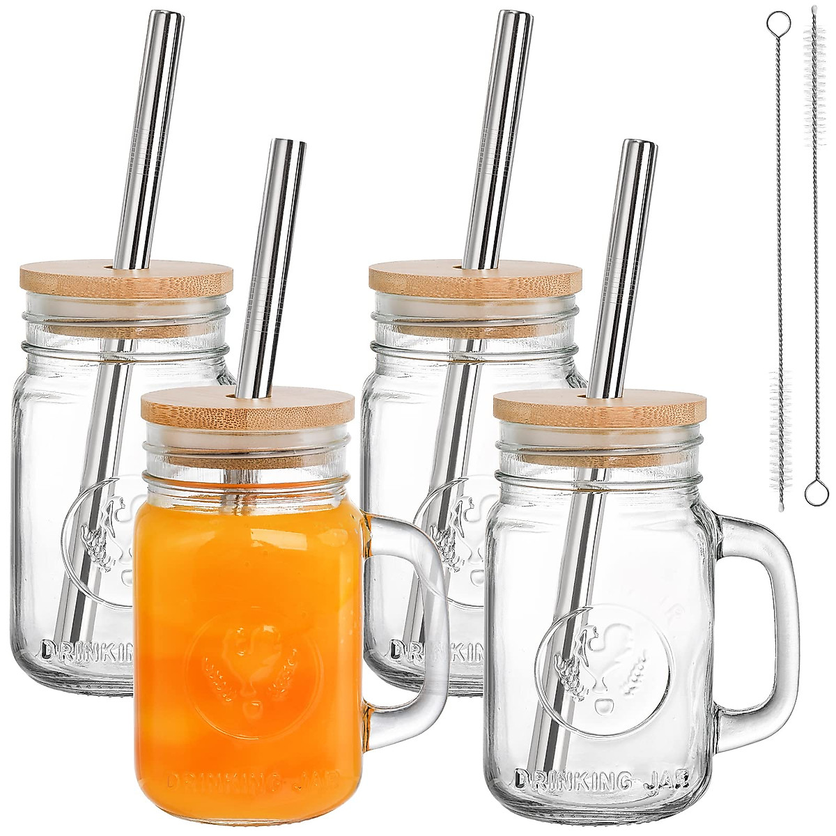 Hacaroa 4 Pack Glass Mason Jar Cups with Bamboo Lid and Straw, 16 Oz Regular Mouth Mason Mugs Drinking Glasses with Handle, Reusable Smoothie Cups for Cold Juice, Beverage, Coffee, Clear