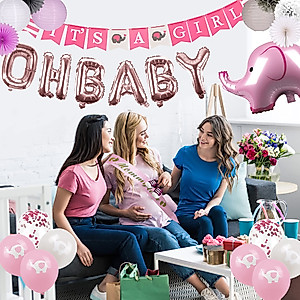JYNTU Elephant Baby Shower Decorations (Pink)-Elephant Theme, Baby Shower Backdrop with Balloons, OH baby, It;s a Girl, Cake Topper, Paper Hanging Decoration(Flower,lantern)